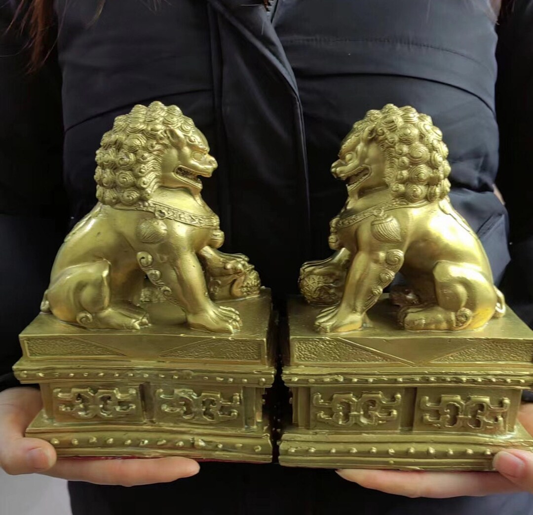 A Pair Brass Lion Foo Dogs Statue Lucky Animal Figures Fengshui Peking ...