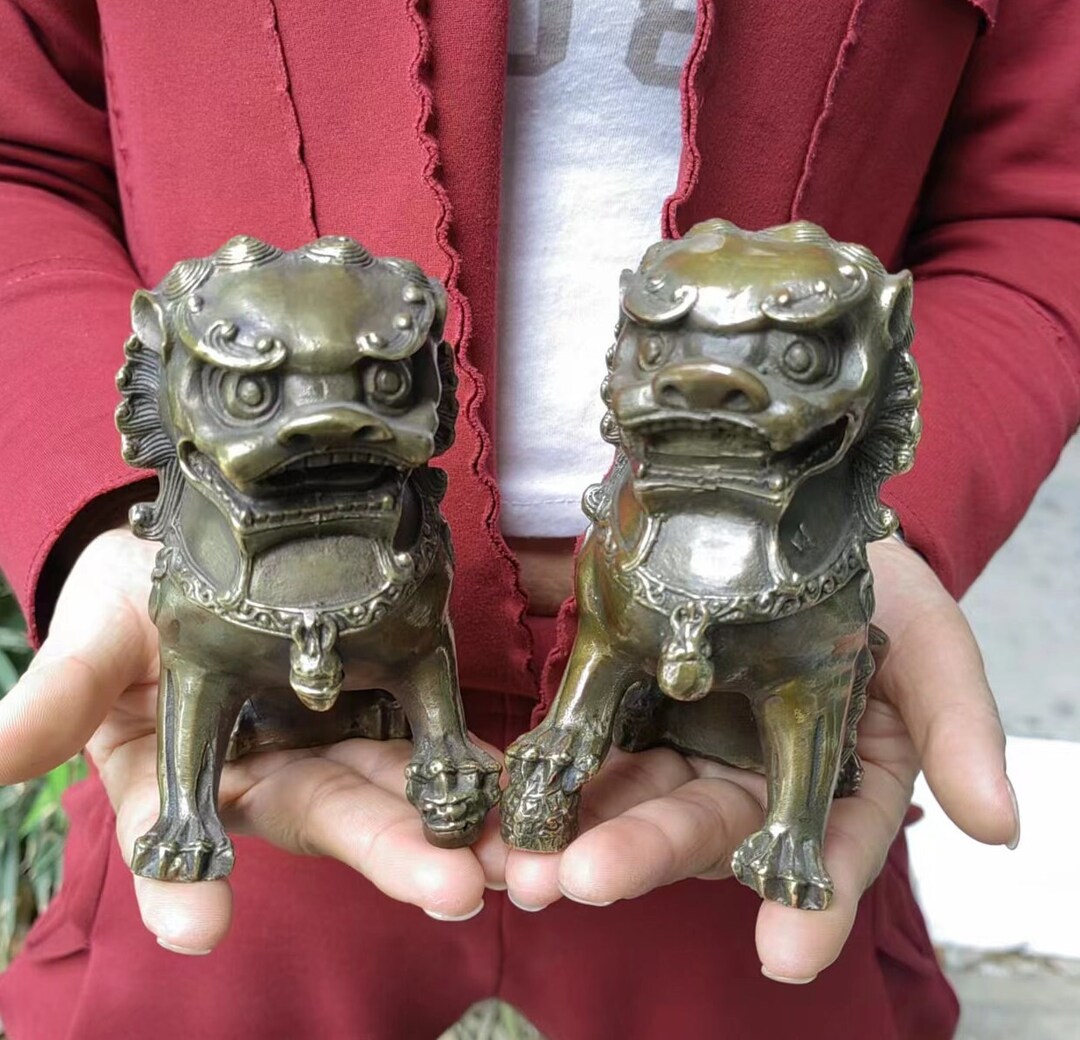 A Pair Brass Lion Foo Dogs Statue Lucky Animal Figures Fengshui Peking ...