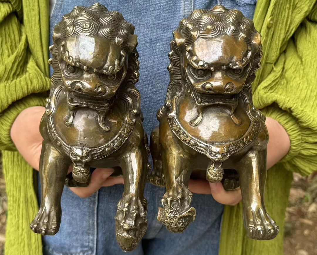 A Pair Brass Lion Foo Dogs Statue Lucky Animal Figures Fengshui Peking ...