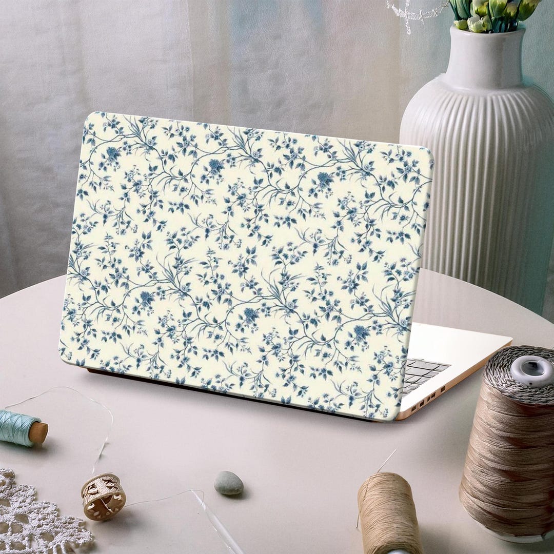 Vintage Floral Pattern MacBook Case, Beige With Blue Flowers, Retro ...