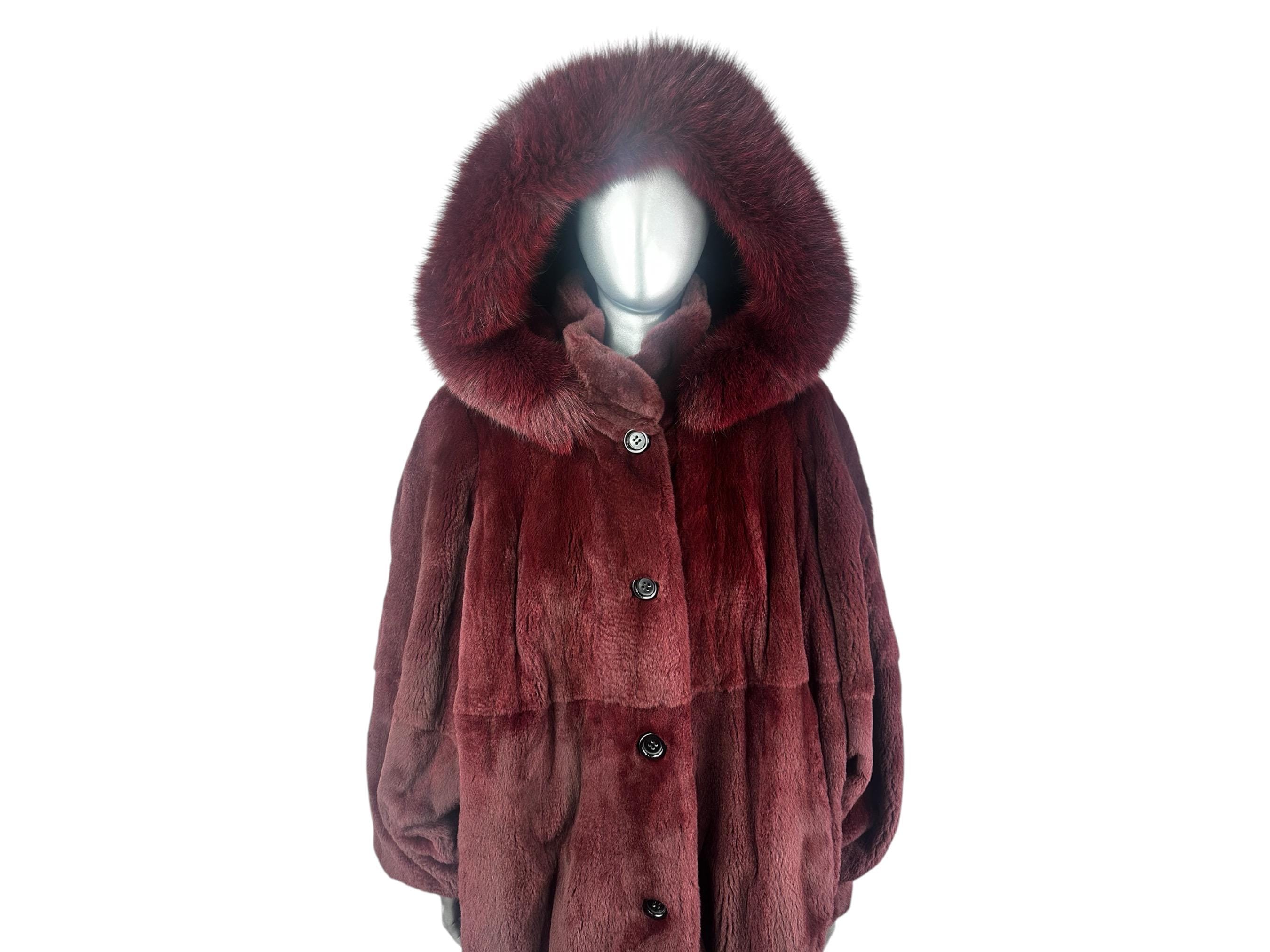 Wine RED Sheared MINK Blouson Jacket W/hood W/ Fox Trim, Size XXXL ...