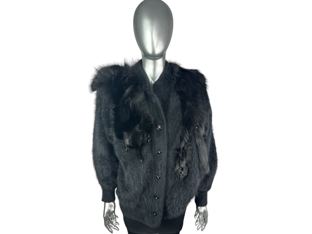 Black ANGORA Sweater W/black FOX Trim, Size L, Certified Vintage Fur W ...