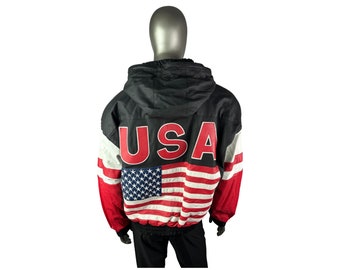Men's Black Leather Jacket W/usa Flag, Size XL, Certified Men's Black Leather Jacket W/usa Flag, Size XL, Certified