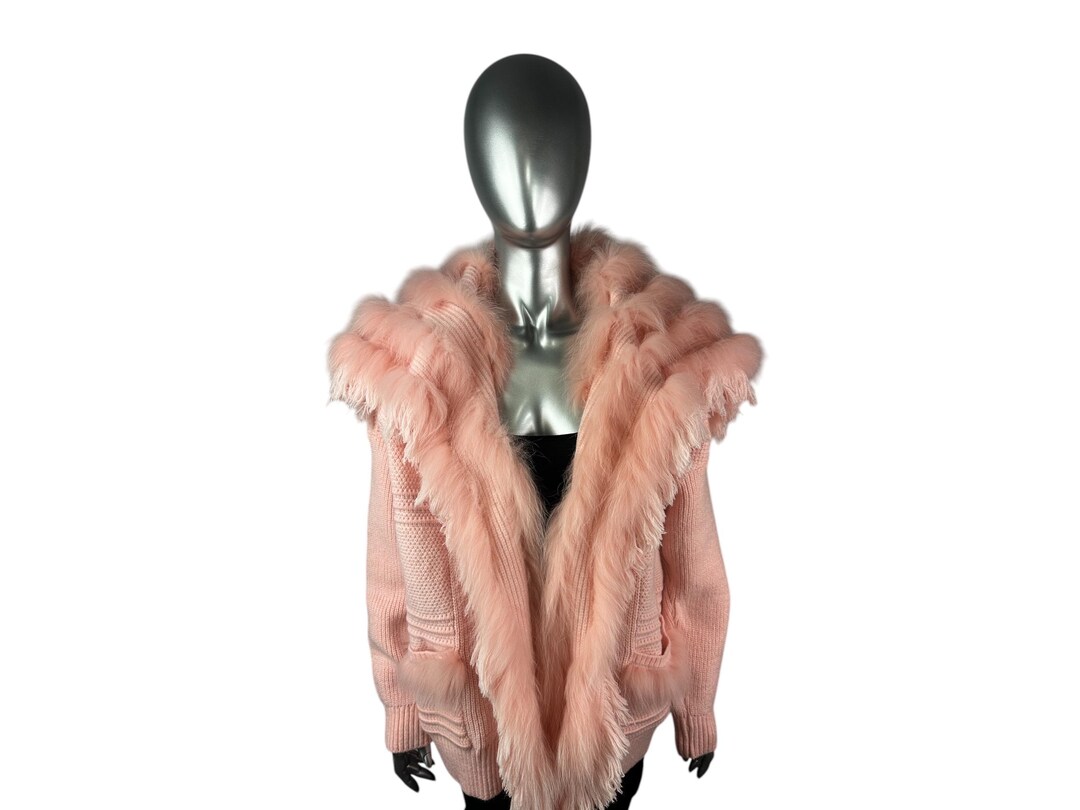 Pink Sweater Jacket W/pink FOX Trim, One Size, L-XL, Certified Vintage ...