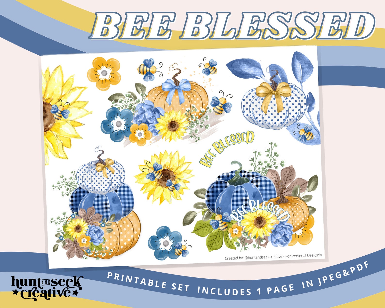 Bee Blessed Sunflower Blue Gingham Pumpkins Clipart Fall & - Etsy