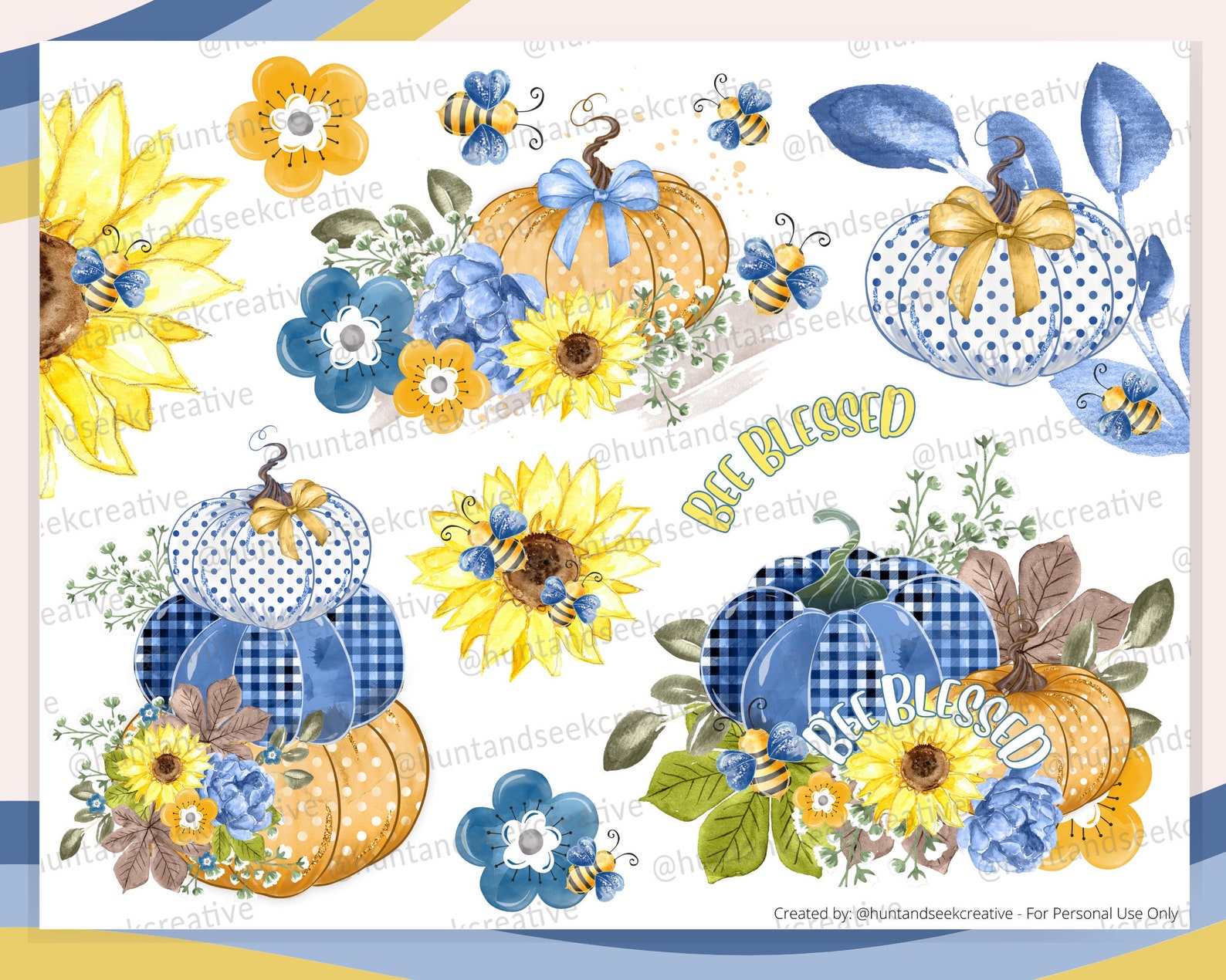 Bee Blessed Sunflower Blue Gingham Pumpkins Clipart Fall & - Etsy