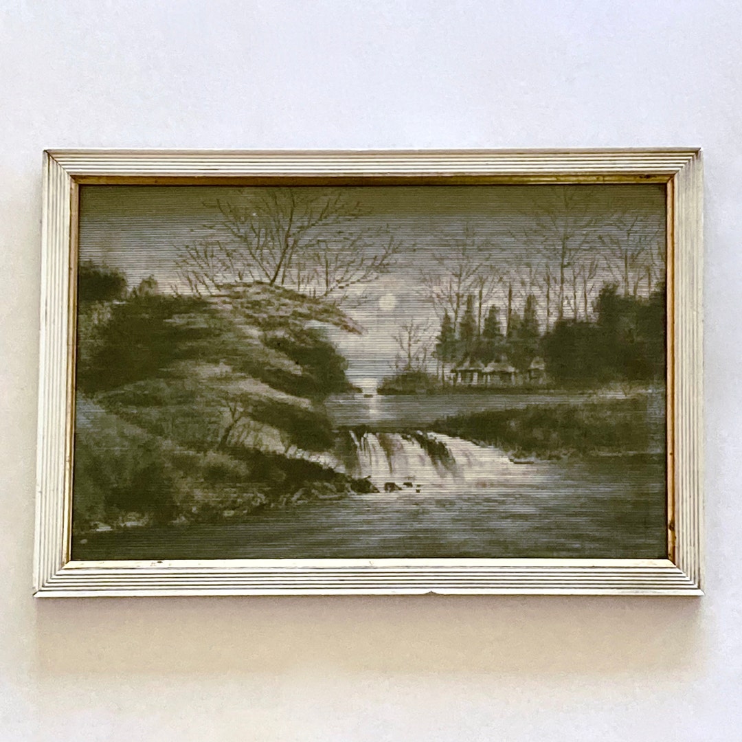 Antique French Moonlight Landscape Painting on Textile: Framed Wall ...