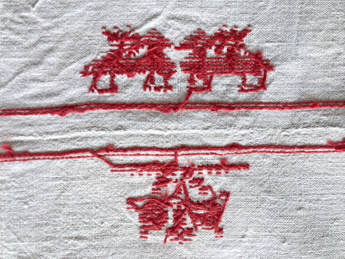Small Antique French Cotton Tablecloth With Embroidered Winter Decor ...