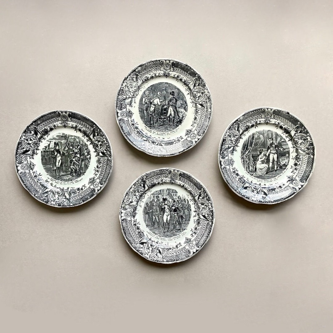 Antique French Napoleon Talking Plates: Four B&W Transfer Print Plates ...