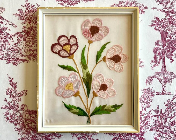 Vintage French Hand-embroidered Wall Art, Framed Floral Needlework ...