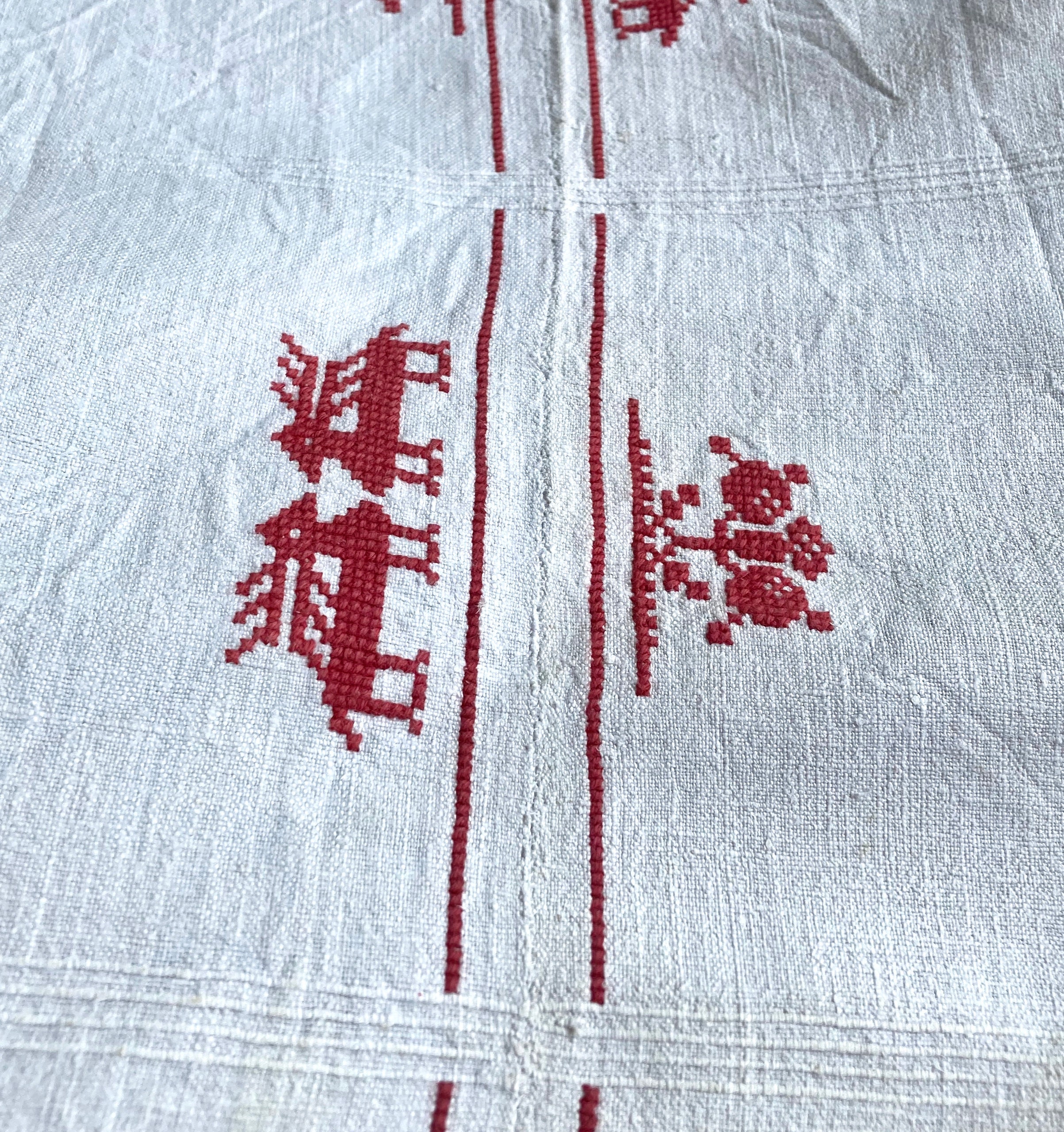 Small Antique French Cotton Tablecloth With Embroidered Winter Decor ...