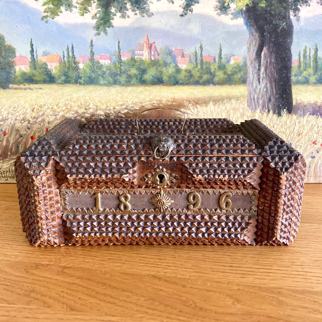 Antique French Tramp Art Wood Box, Handmade Decorative Storage Box ...