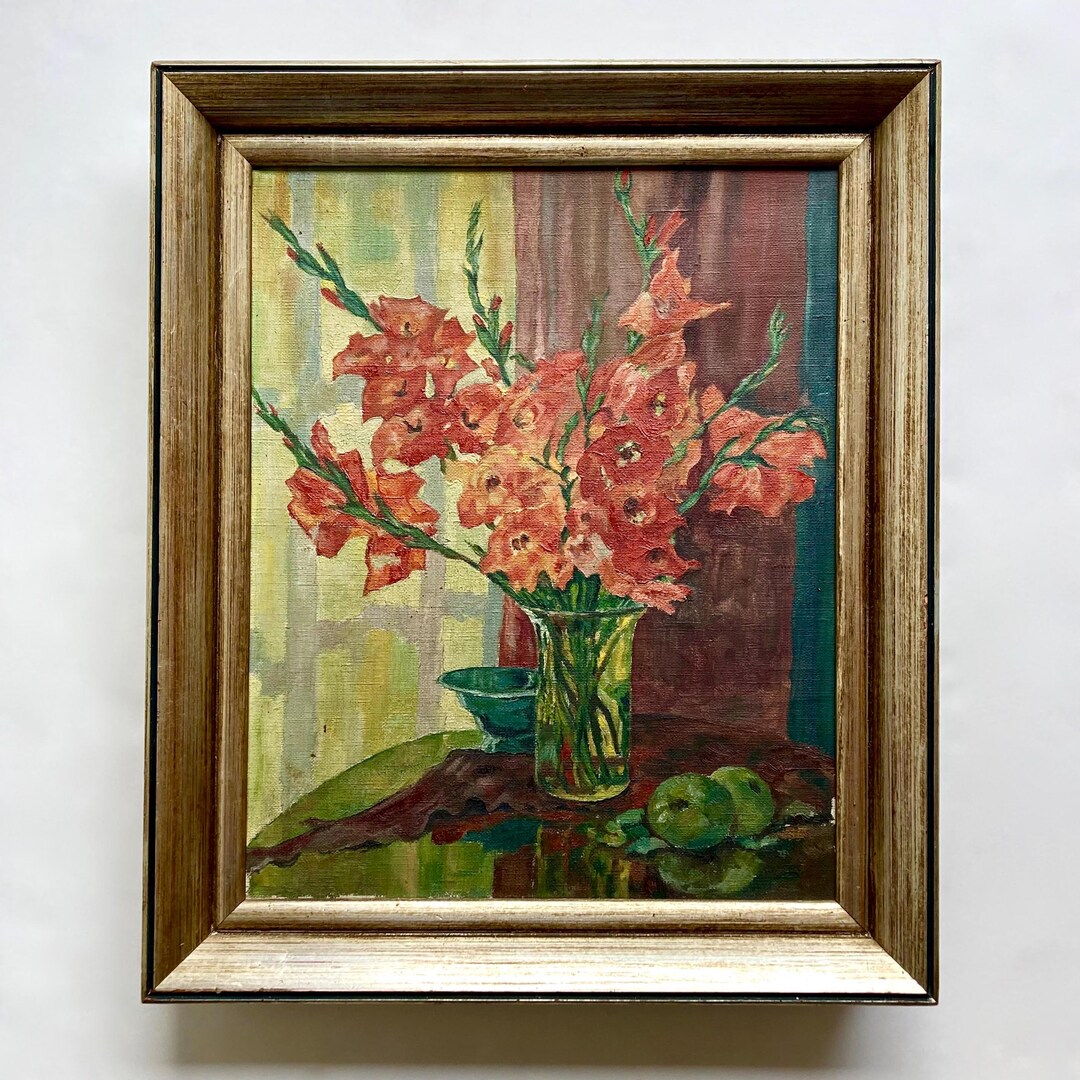 Vintage German Original Oil Painting on Stretched Canvas, Framed Floral ...