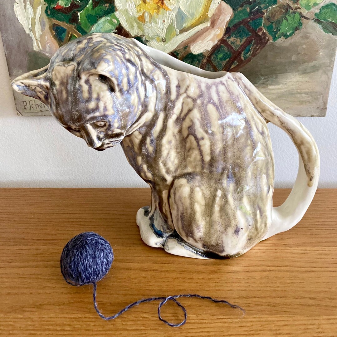 Vintage French Hand-made Cat Pitcher in Stoneware, Feline Shaped ...
