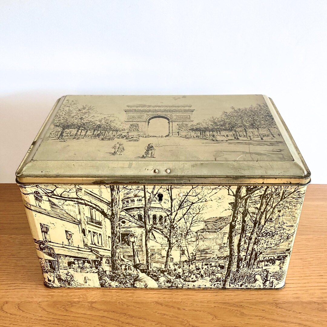 Large Vintage French Tin Box With Paris Scenes, Paris Inspired Kitchen ...