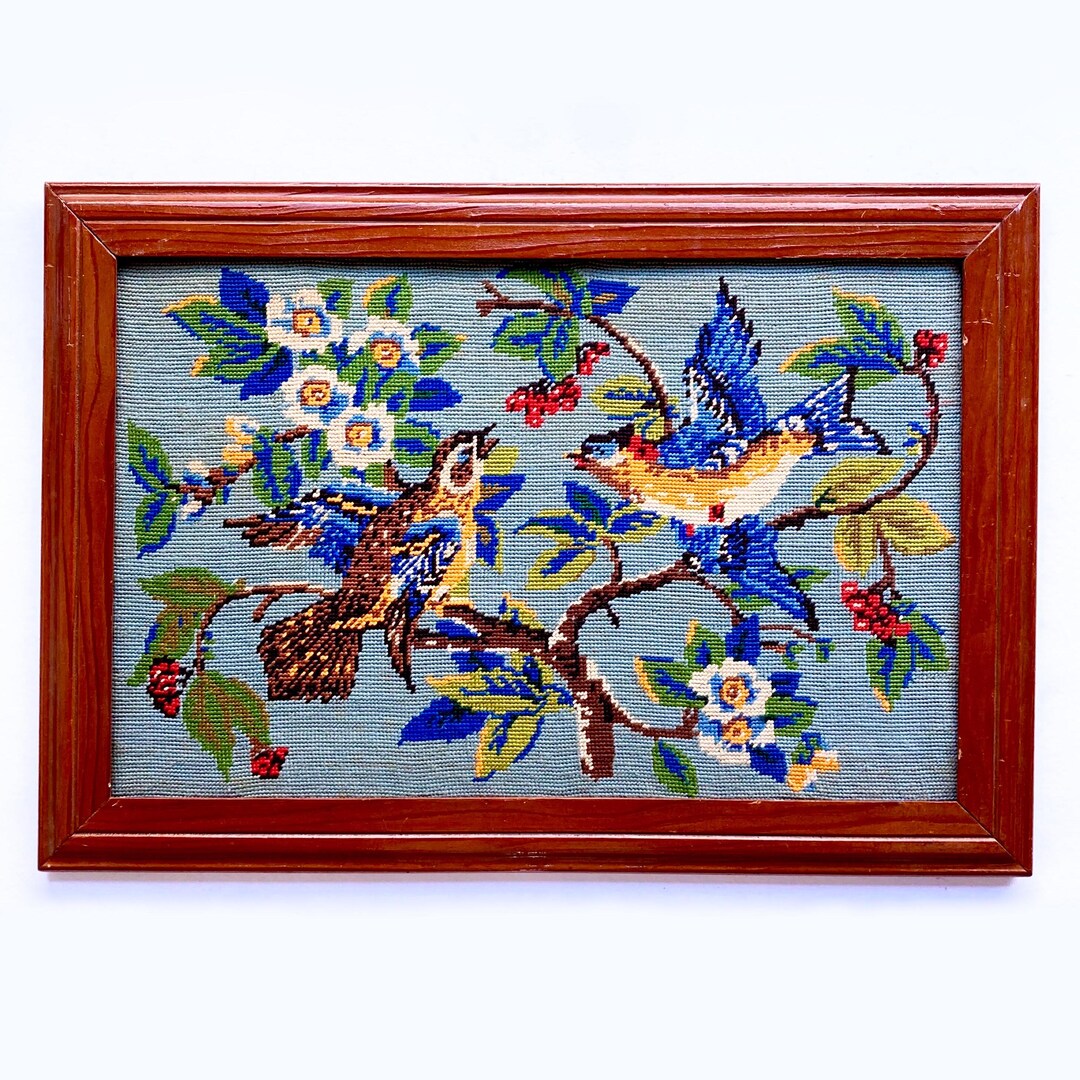 Vintage French Needlepoint Wall Hanging: Colorful 1960s Framed Bird ...