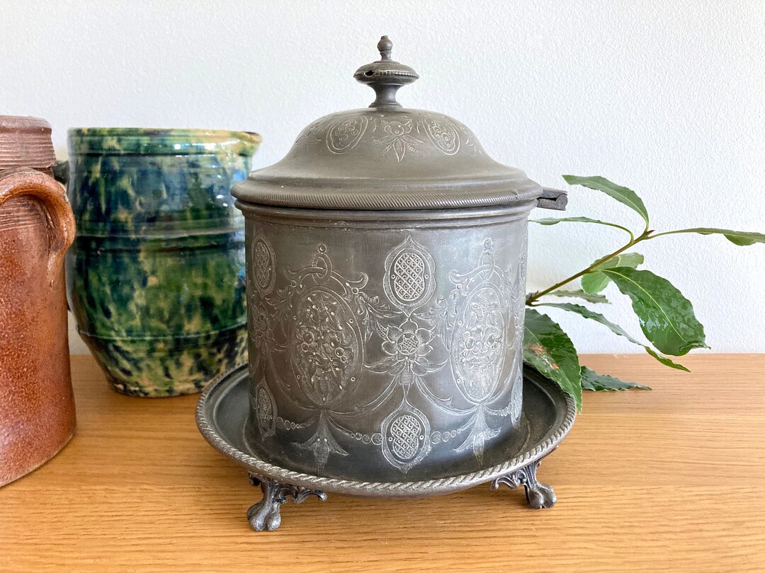 Antique French Pewter Jar With Lid, Pewter Container With Delicately ...