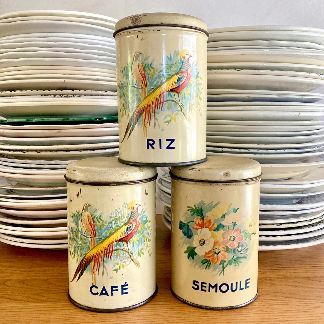 Vintage French Colorful Kitchen Tins: Set of 3 Decorative Ferembal Bird ...