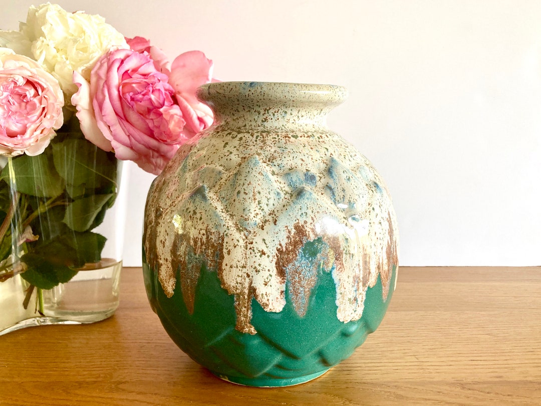 Vintage French Art Deco Ceramic Vase With Drip Glaze, Round Pottery ...