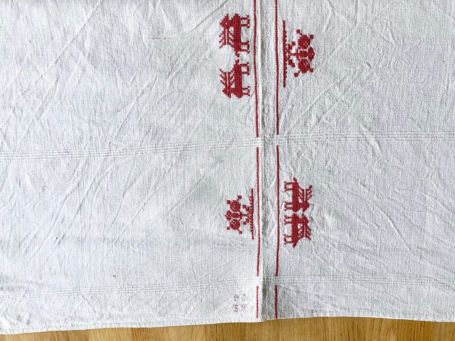 Small Antique French Cotton Tablecloth With Embroidered Winter Decor ...