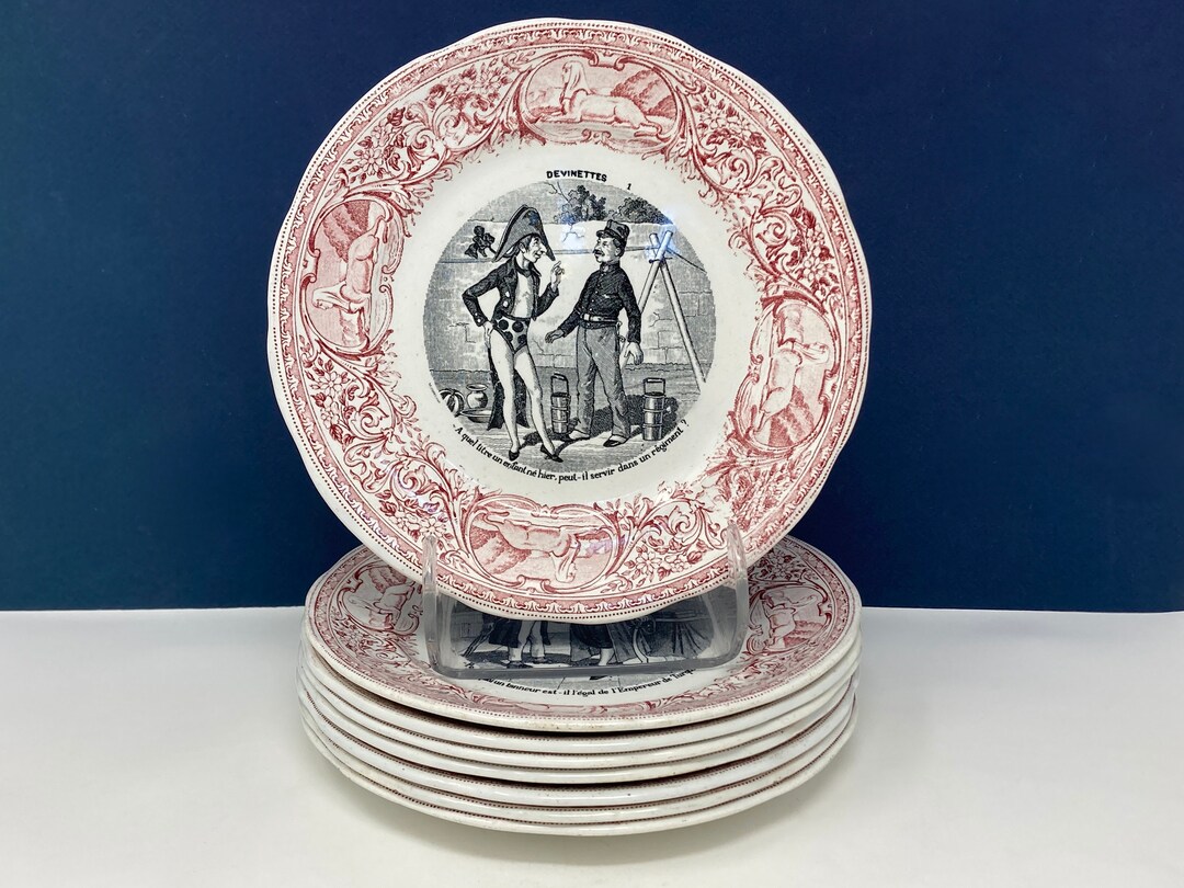 Set of 8 French Antique Talking Plates in Stoneware Featuring ...