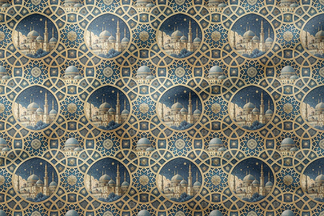Blue Gold Islamic Mosque Fabric by the Yards, Arabic Geometric Print ...