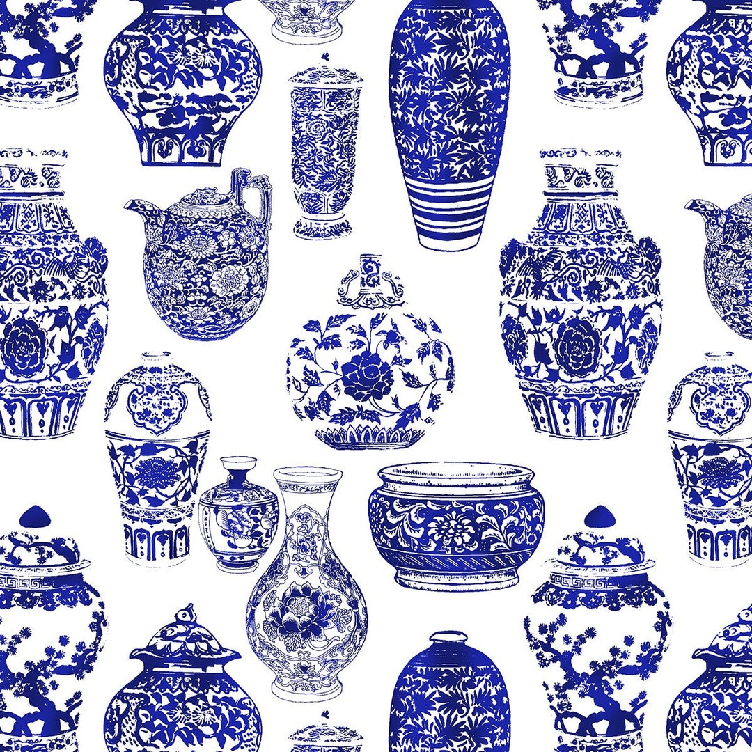 Chinoiserie Blue and White Porcelain Digital Printed Honeycomb Textured ...