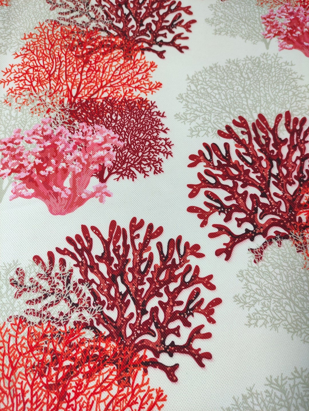 Tropical Fabrics Red Corals Patterned Outdoor Fabric on White ...