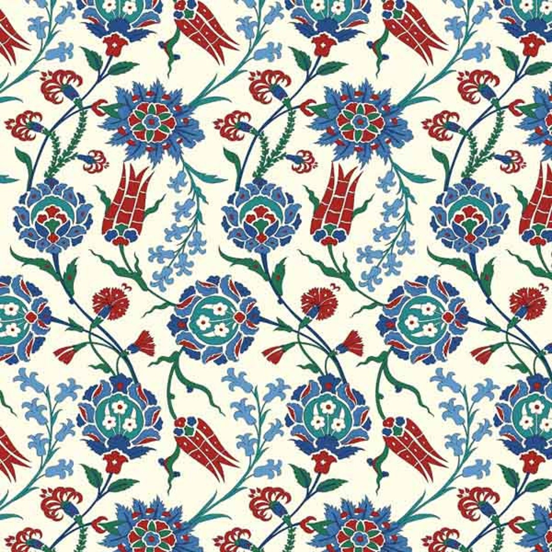 Ottoman Iznik Floral Fabric by the Yards, Blue, Red & Green, Digital ...