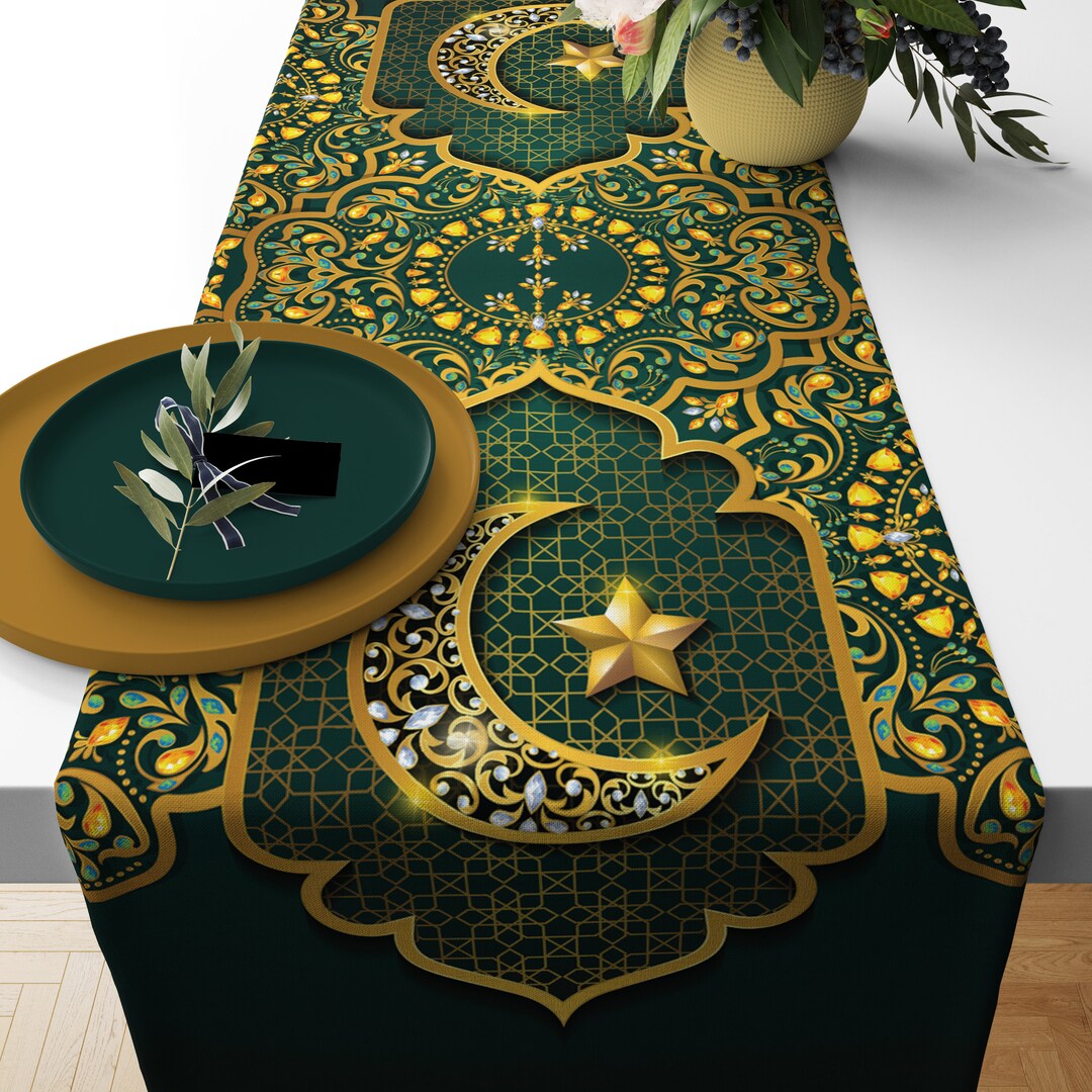 Islamic Table Runner-mubarak Ramadan Karem Table Runner, Green and Gold ...