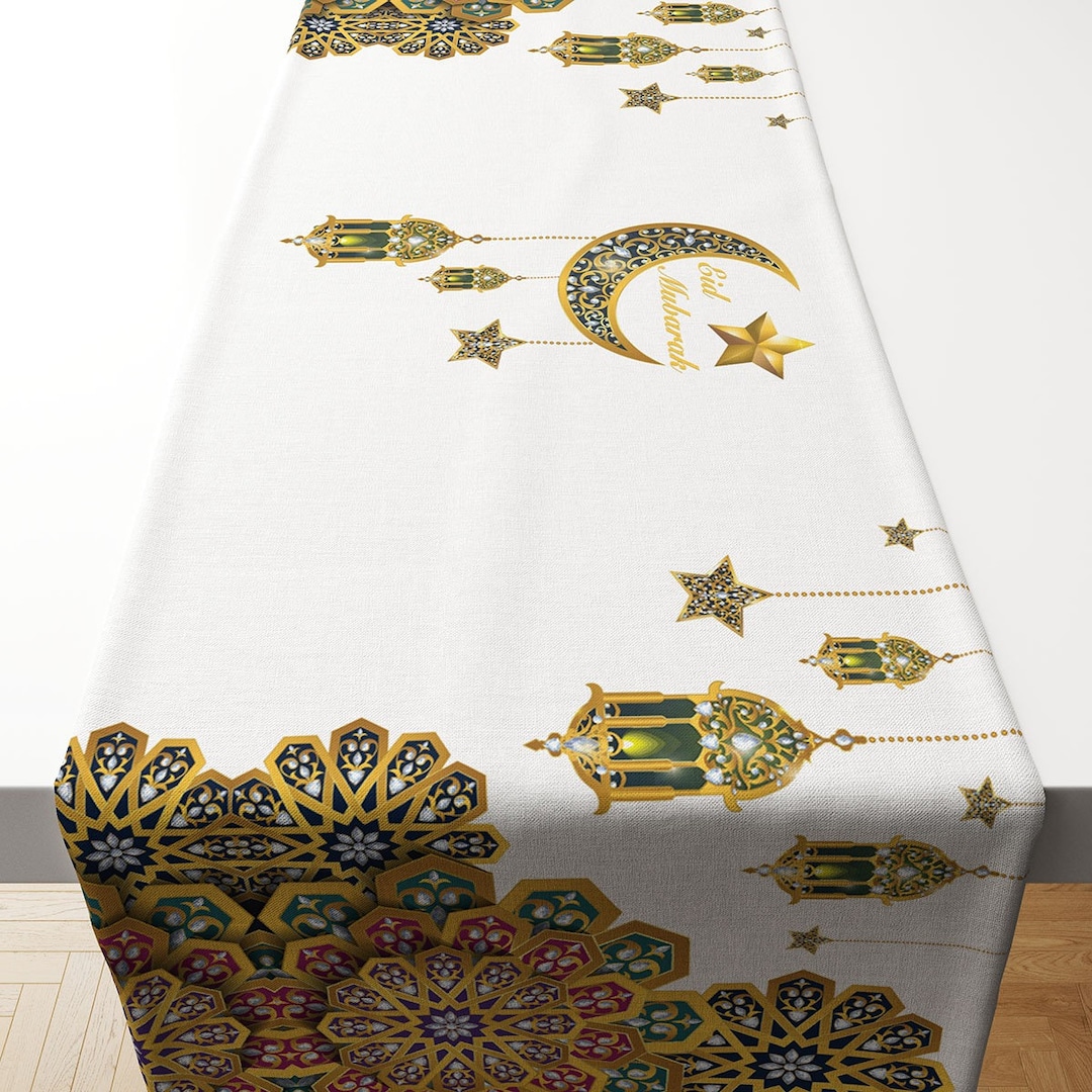 Islamic Table Runner-mubarak Ramadan Karem Table Runner, White and Gold ...