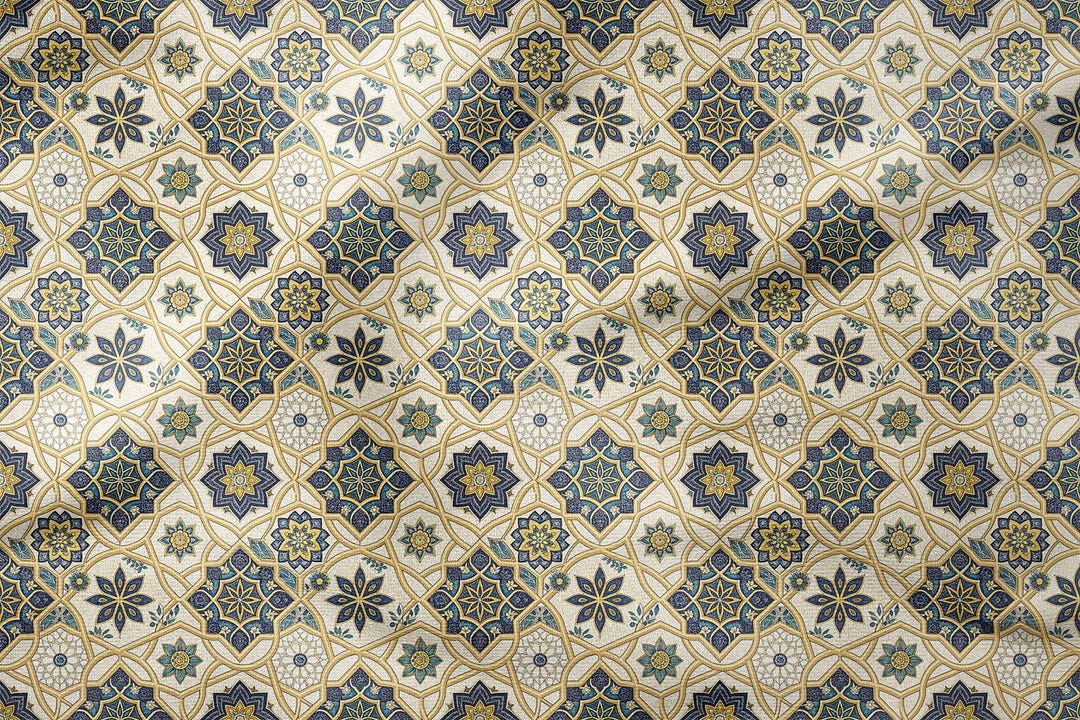 Green Gold Islamic Geometric Fabric by the Yards, Arabic Tile Print ...