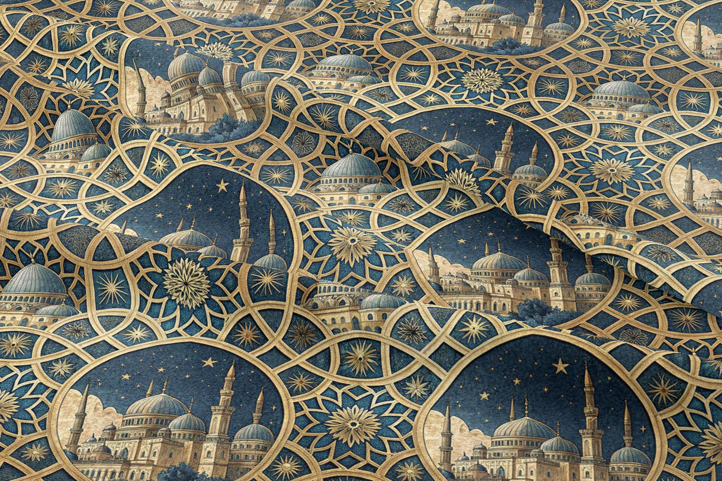 Blue Gold Islamic Mosque Fabric by the Yards, Arabic Geometric Print ...