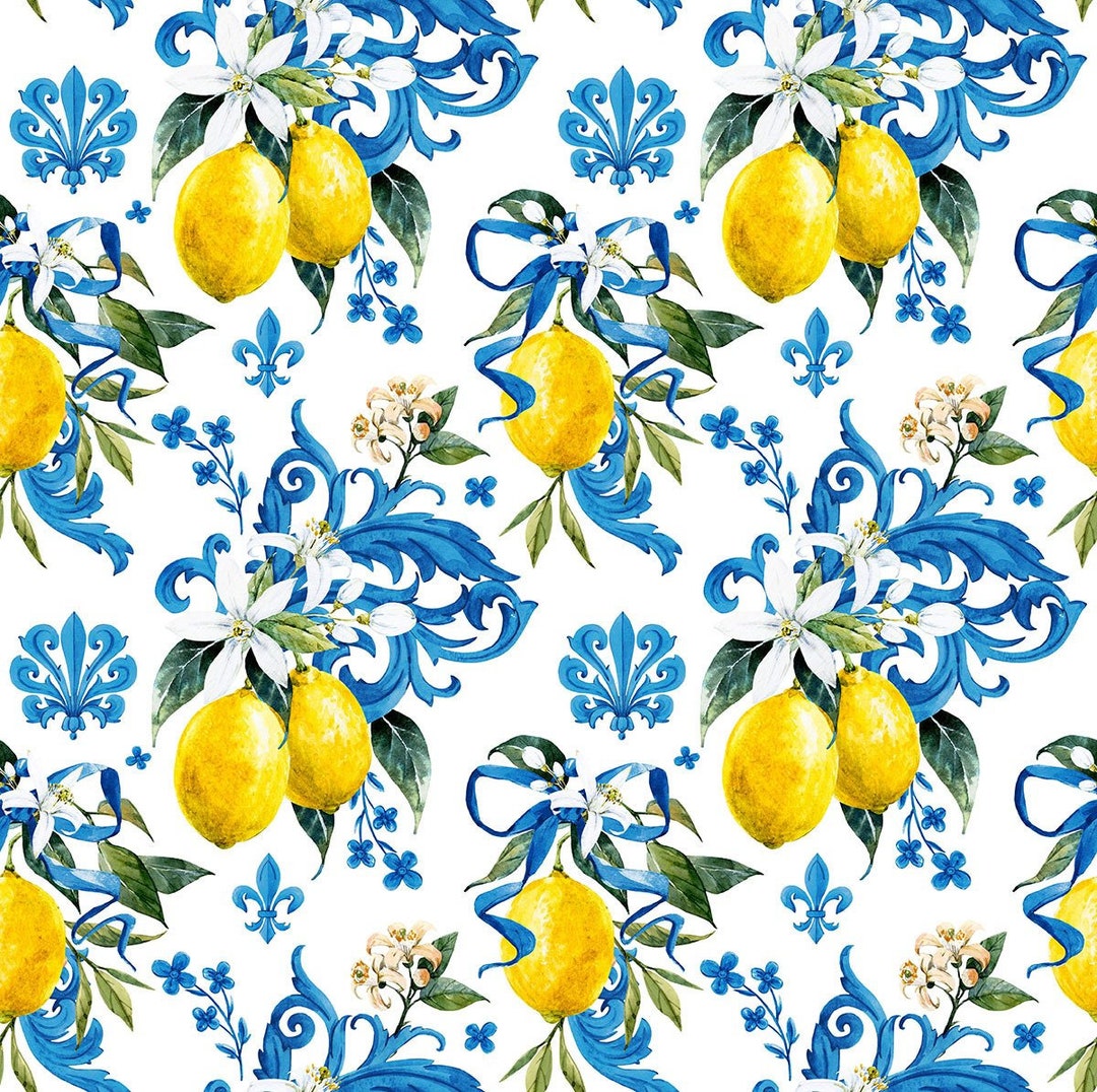 Mediterranean Lemon and Blue Tile Digital Printed Honeycomb Textured ...