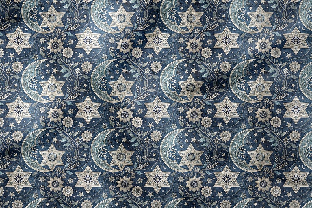 Deep Blue Gold Islamic Crescent Moon and Star Fabric – Ramadan Eid ...