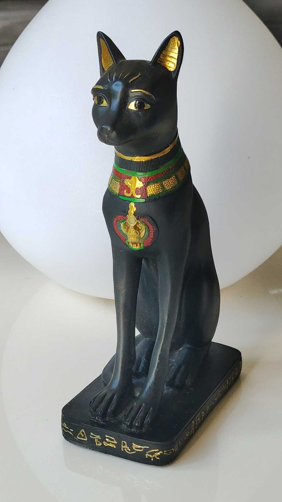 Egyptian Bastet Cat Figurine/deity, Seated on a Base Decorated With ...
