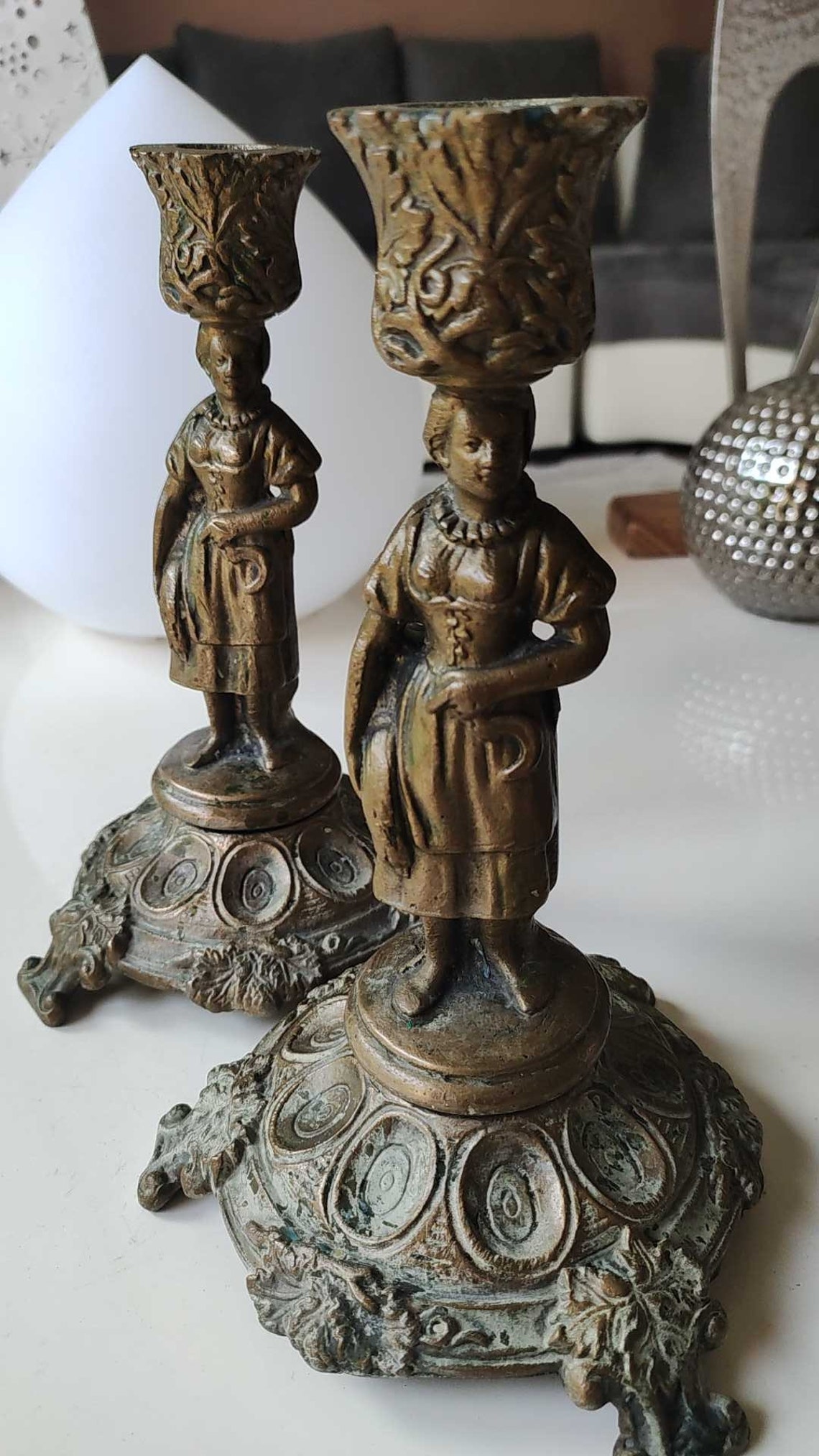 Pair of Anthropomorphic Torch Candlesticks. Peasant Women Returning ...