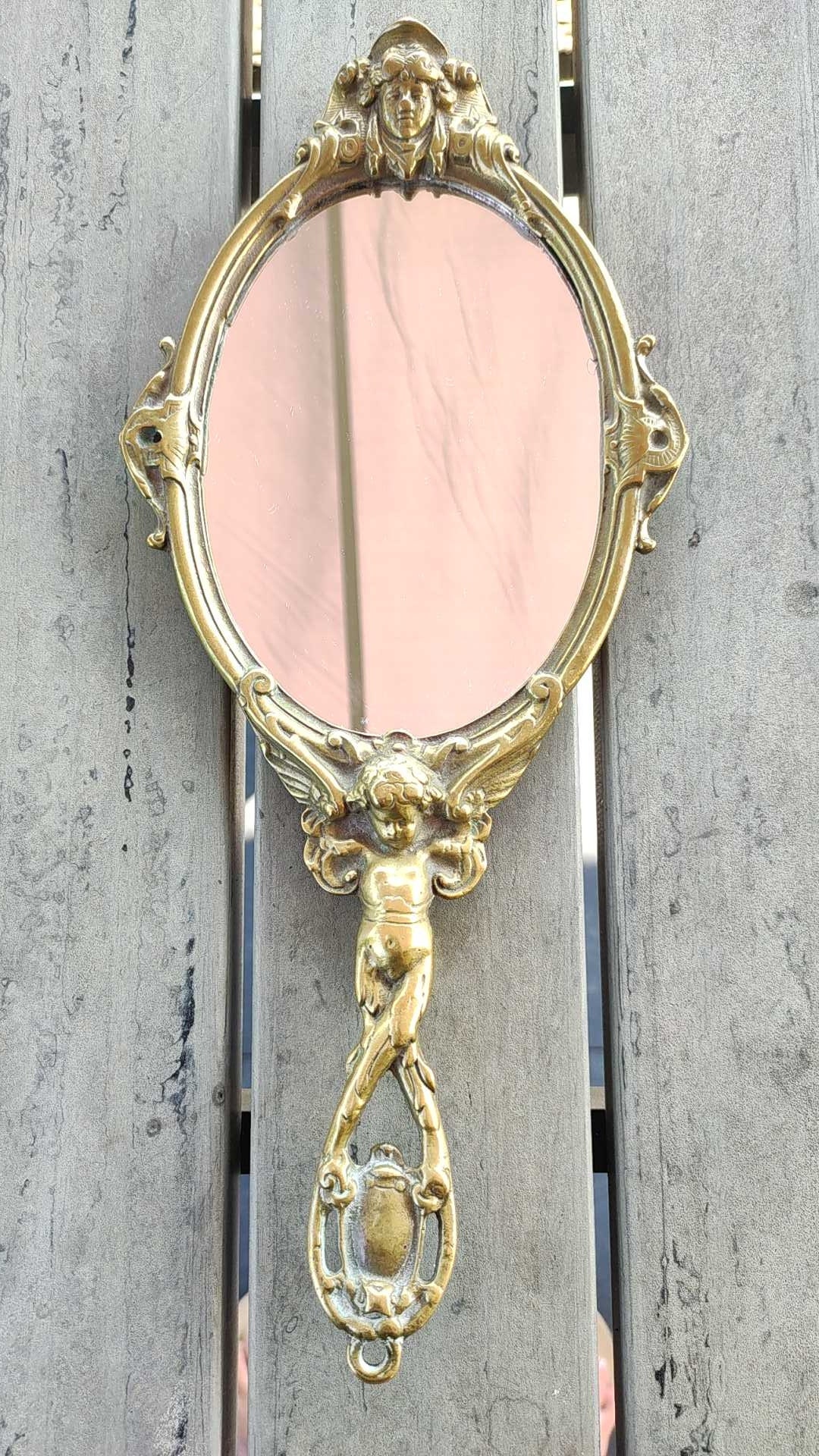 Old Oval Hand Mirror. in Bronze, Art Deco. Cherub/cupid Motifs. Shabby ...