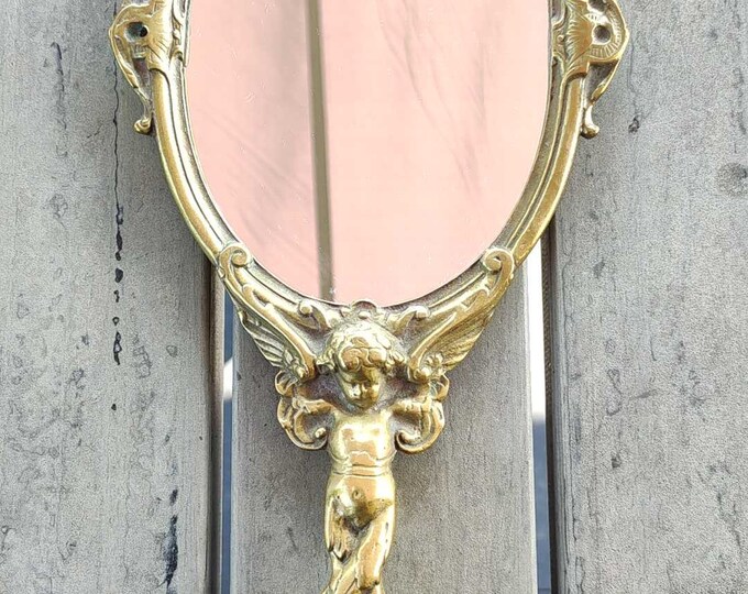 Old Oval Hand Mirror. in Bronze, Art Deco. Cherub/cupid Motifs. Shabby ...