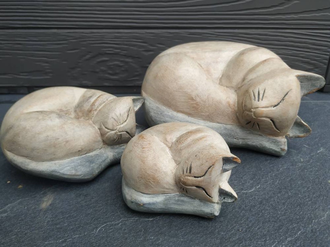 Set of 3 Decorative Statues. Resting Cats in Hand-carved Wood. Beige ...