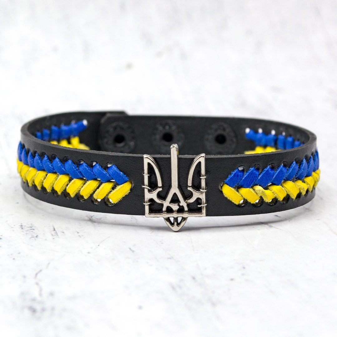 Leather Bracelet With Ukrainian Trident, Yellow-blue Weaving. Handmade ...
