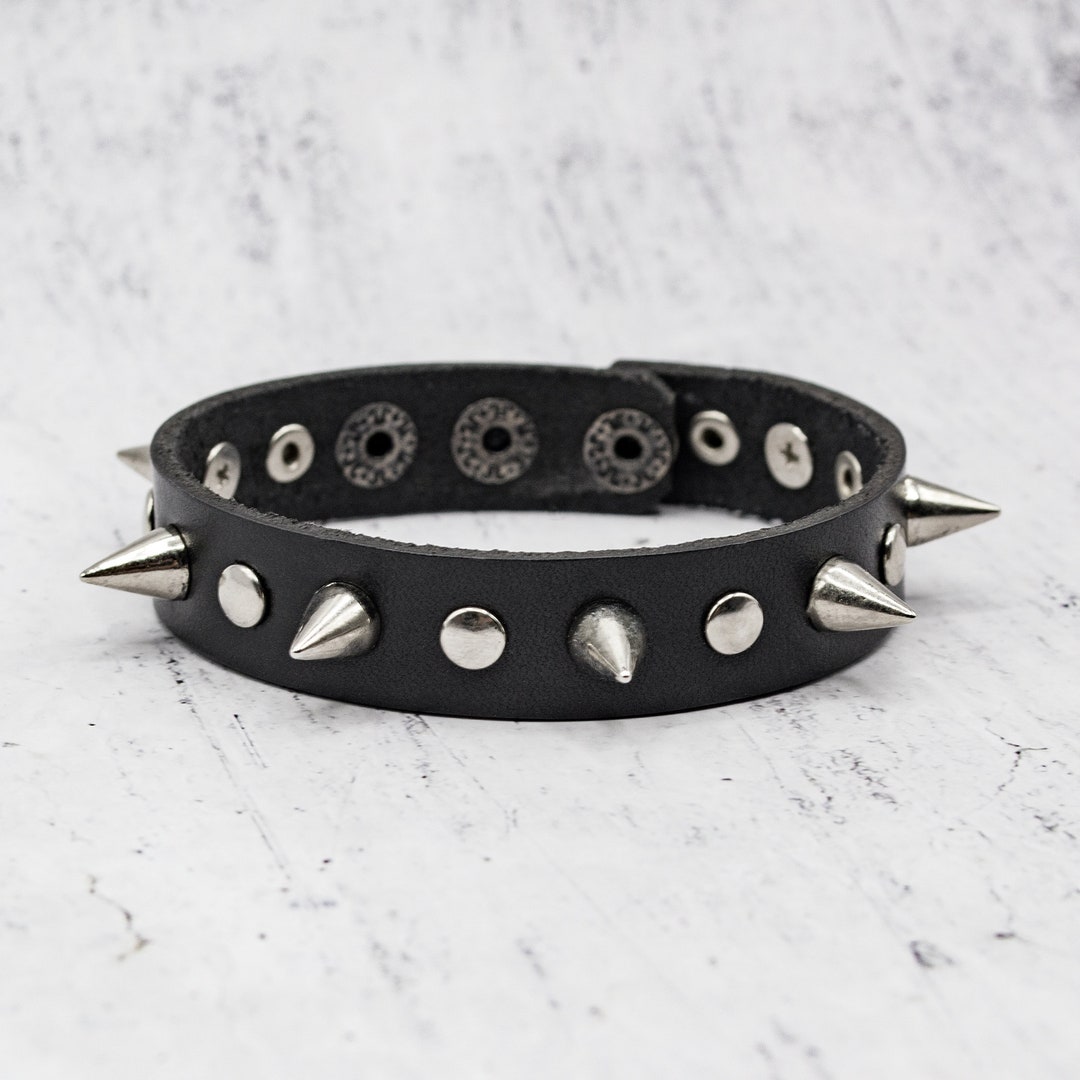 Black Leather Bracelet With Spikes and Holnitenes. Accessory for ...