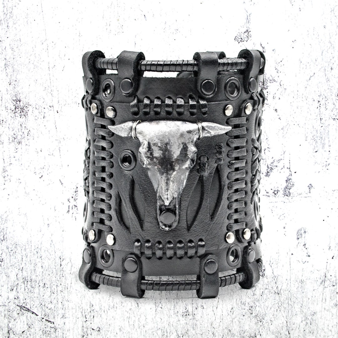 Steampunk Bull Skull Leather Bracelet: Handmade Pagan Cuff - Etsy