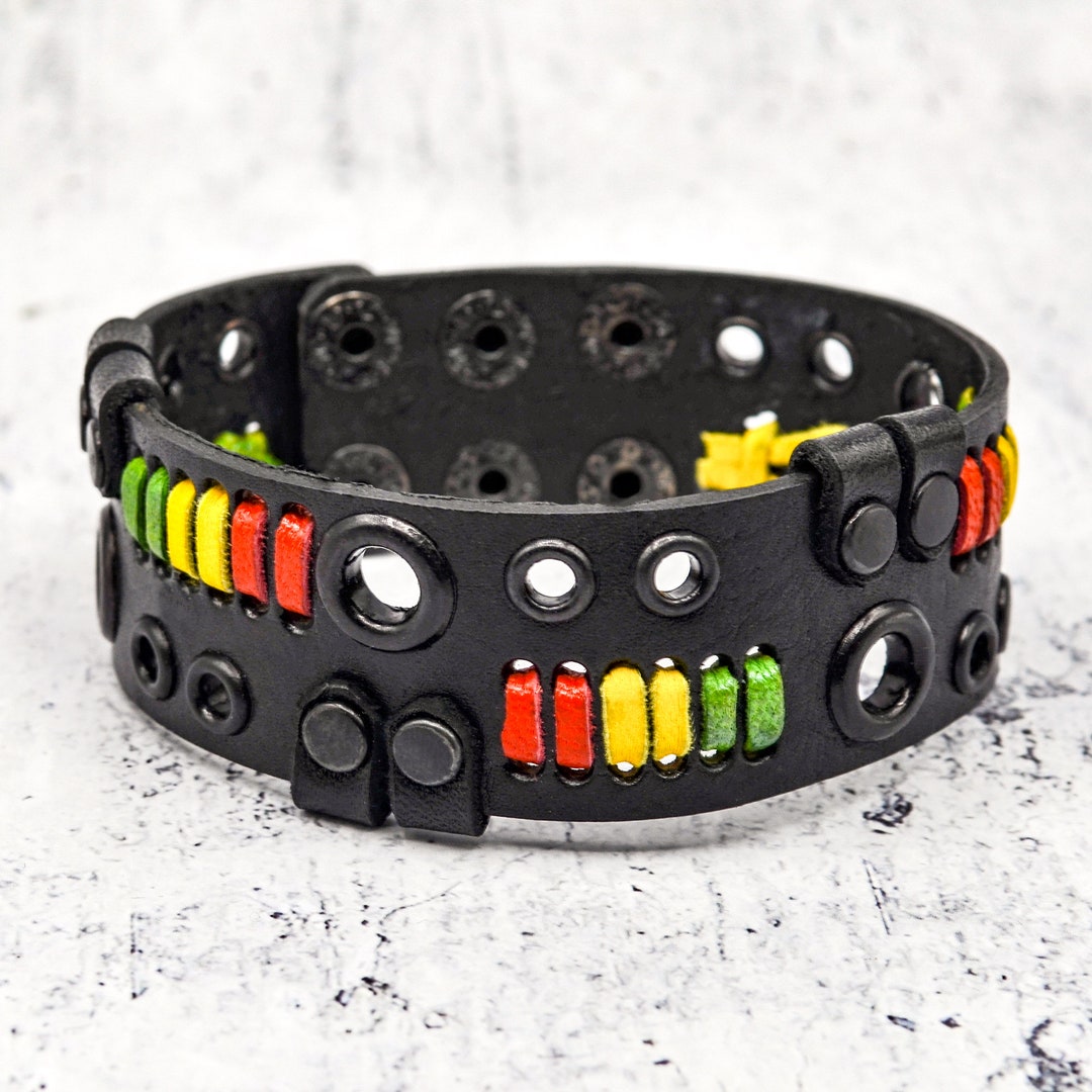 Black Steampunk Bracelet in Rasta Style. Green-yellow-red Flag ...