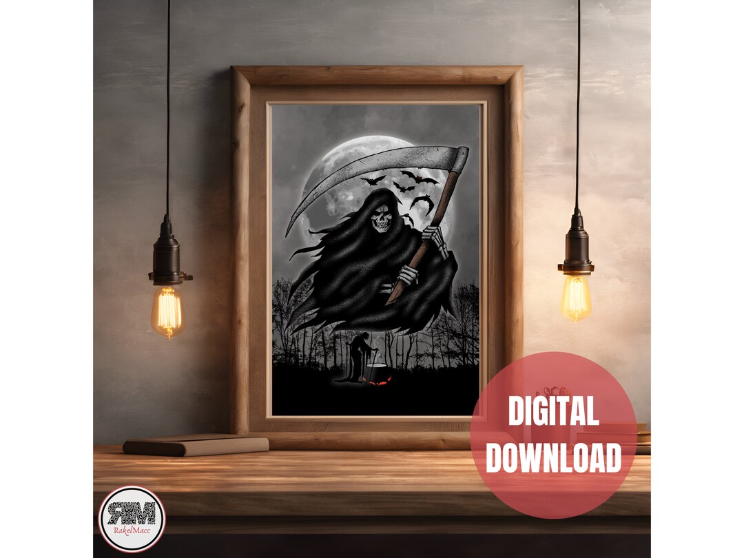 Witch Conjuring Grim Reaper on Halloween Night Printable Wall Art ...