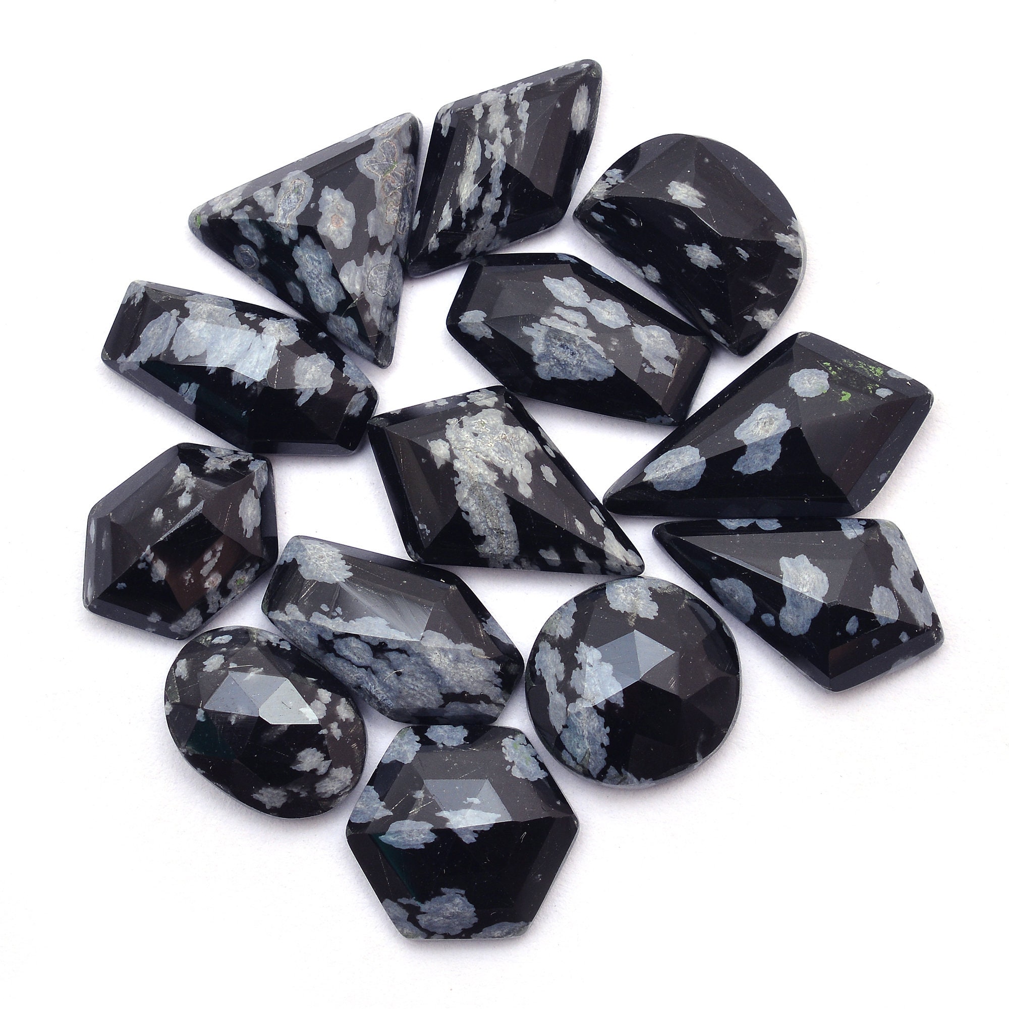 Natural Snowflake Obsidian 12mm-19mm Flat Back Faceted Rose Cut Set ...