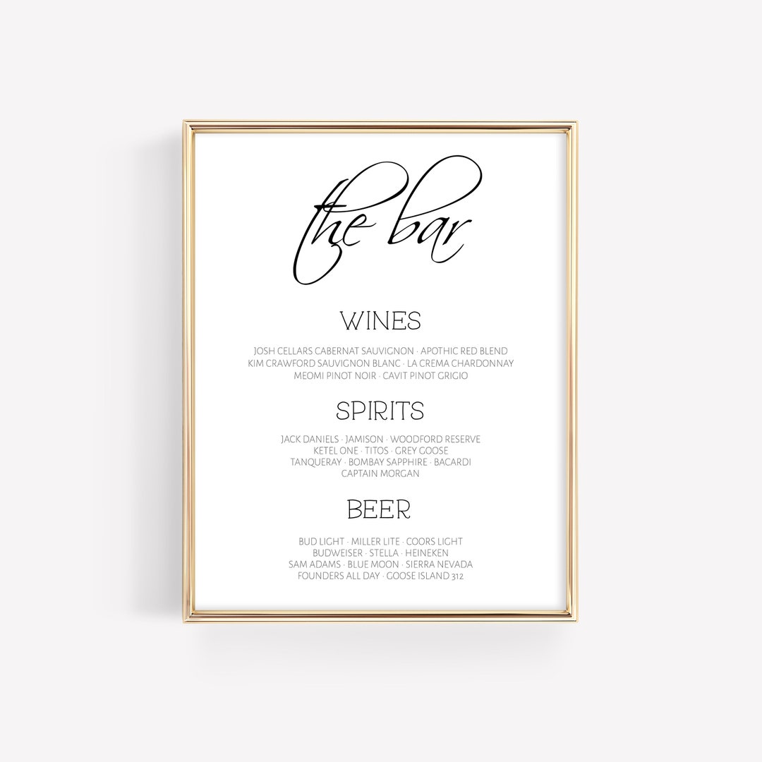 Editable Bar Sign, Editable Template, Bar Menu Sign, Wedding Sign, Beer ...