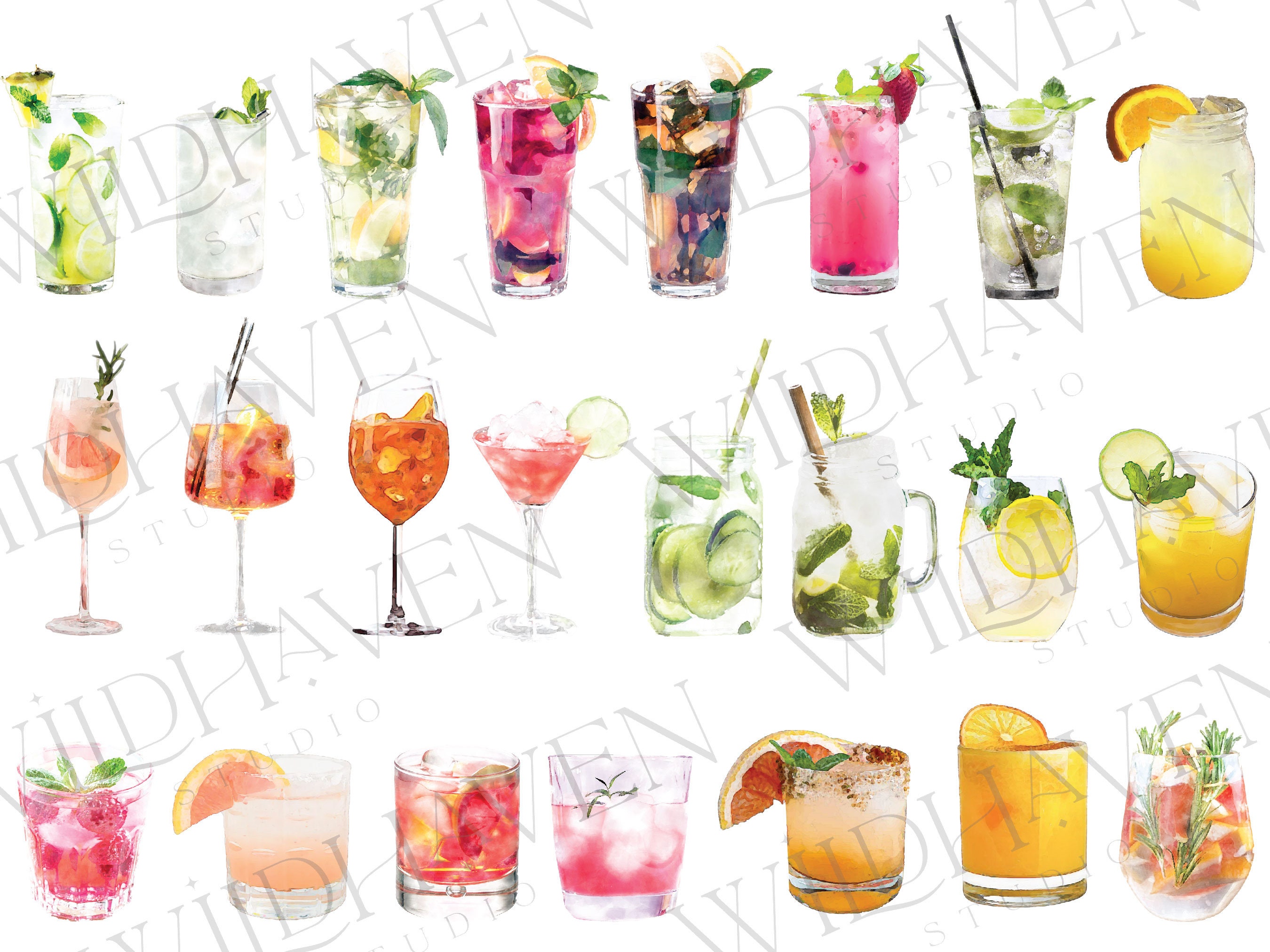 Watercolor Cocktail Graphics Cocktail Clipart Signature - Etsy