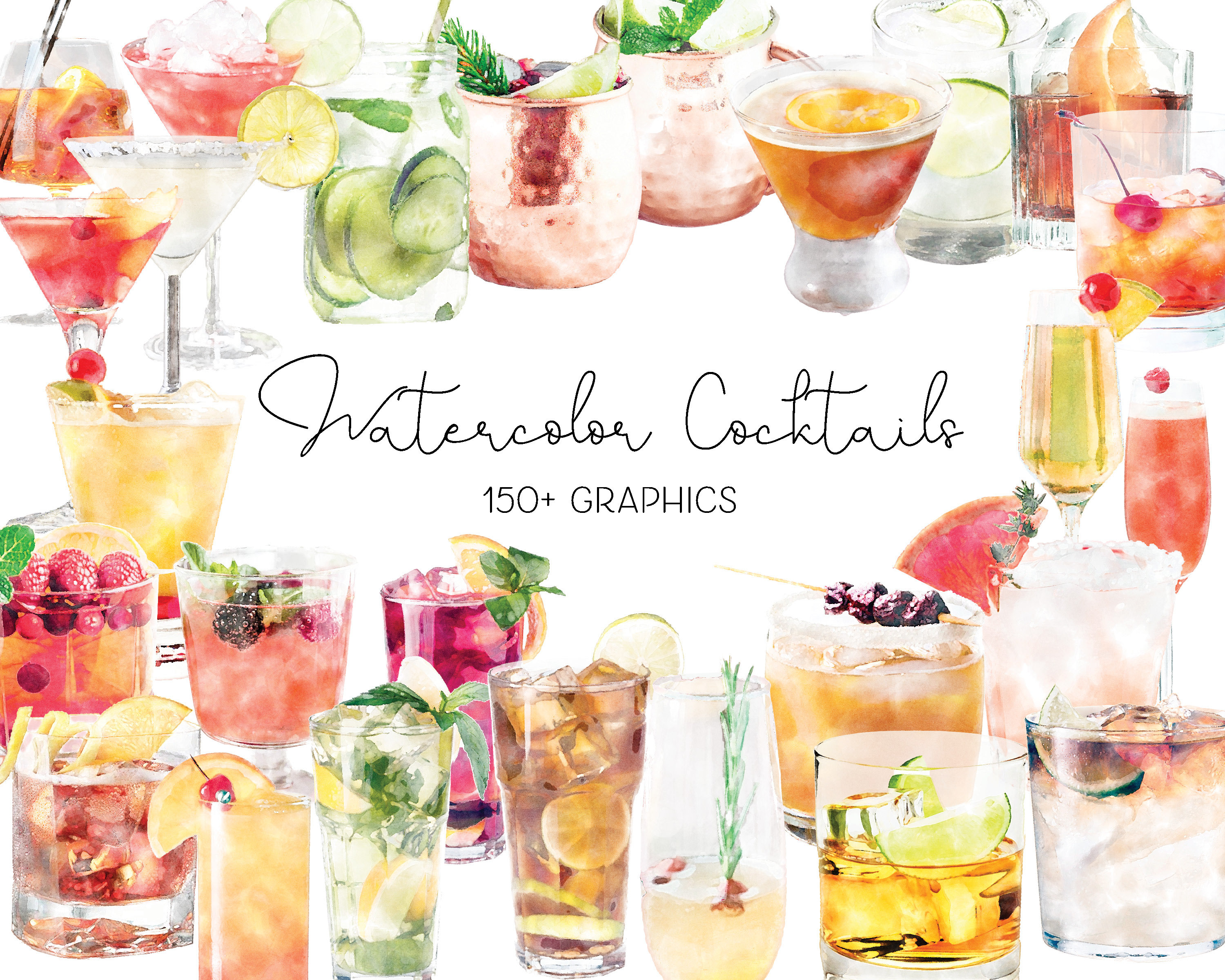 Watercolor Cocktail Graphics Cocktail Clipart Signature | Etsy