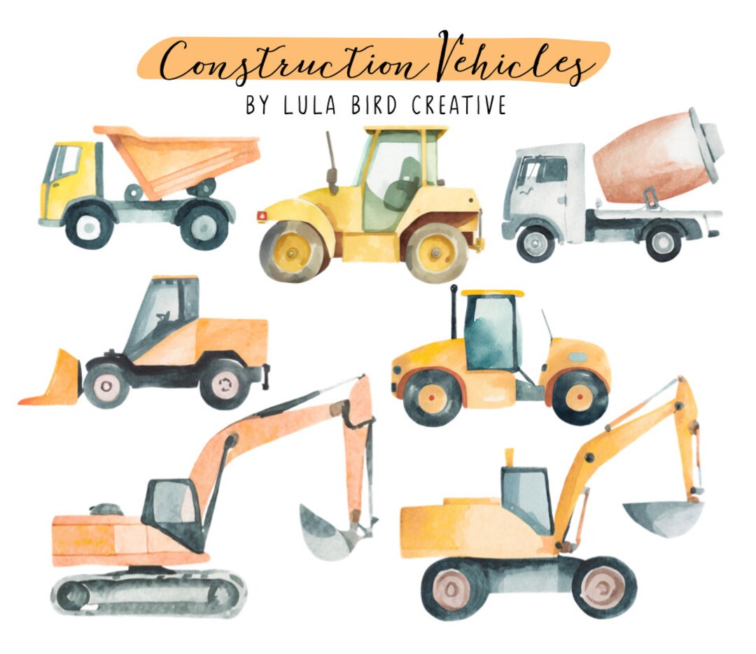 Watercolour Construction Vehicles Clipart Set - Commercial Use Allowed ...